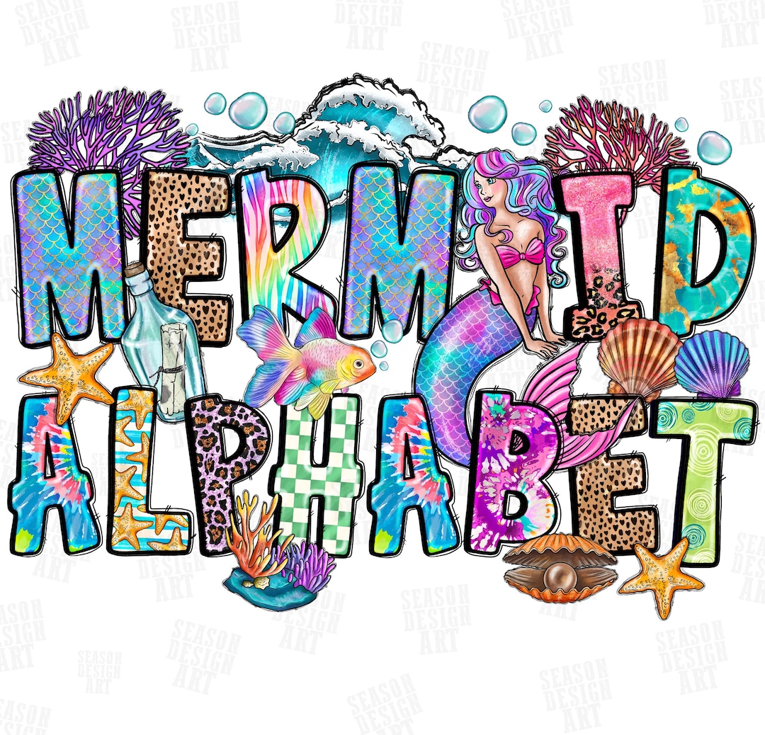 Mermaid Doodle Alphabet Bundle, Mermaid PNG Letters, Sublimation Design ...