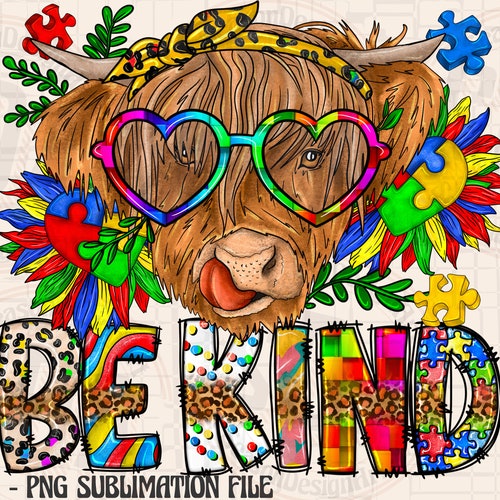 Be Kind Highland Cow Png Sublimation Design Download Autism - Etsy