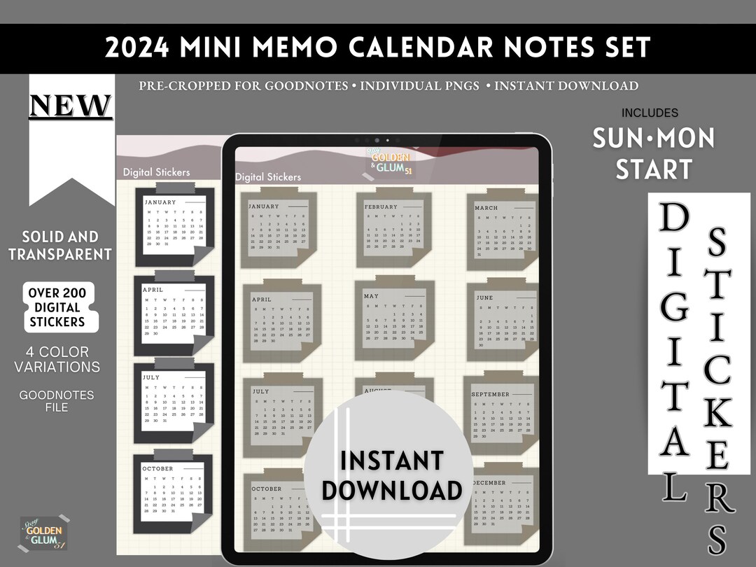 2024 Mini Sticker Calendar Memo Notes digital Stickers sunday and ...