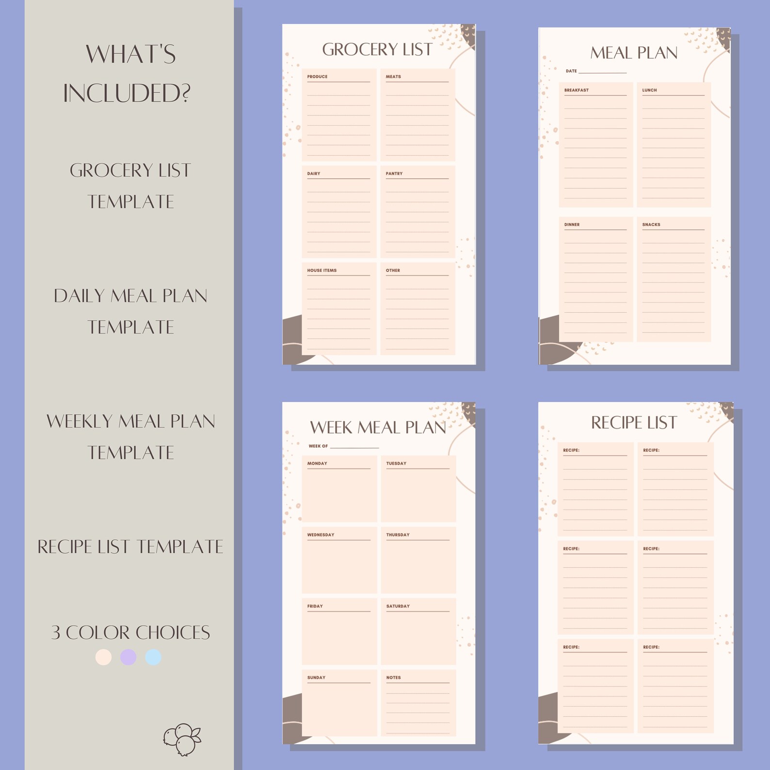 Grocery List/ Daily Meal Plan/ Weekly Meal Plan/ Recipe List Template ...