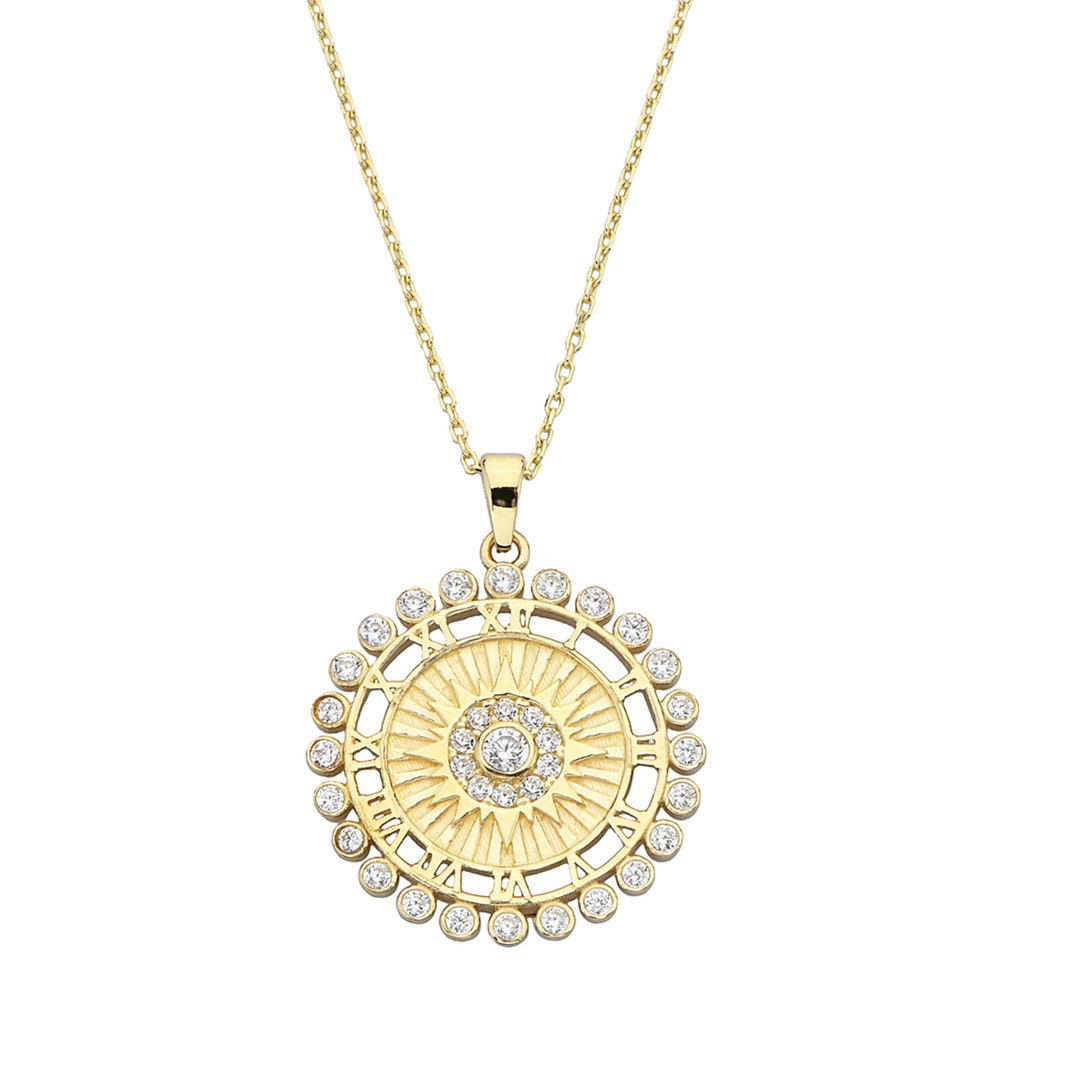 14K Gold Disc Roman Numeral Necklace- Dainty Circle Watch Roman Numeral ...