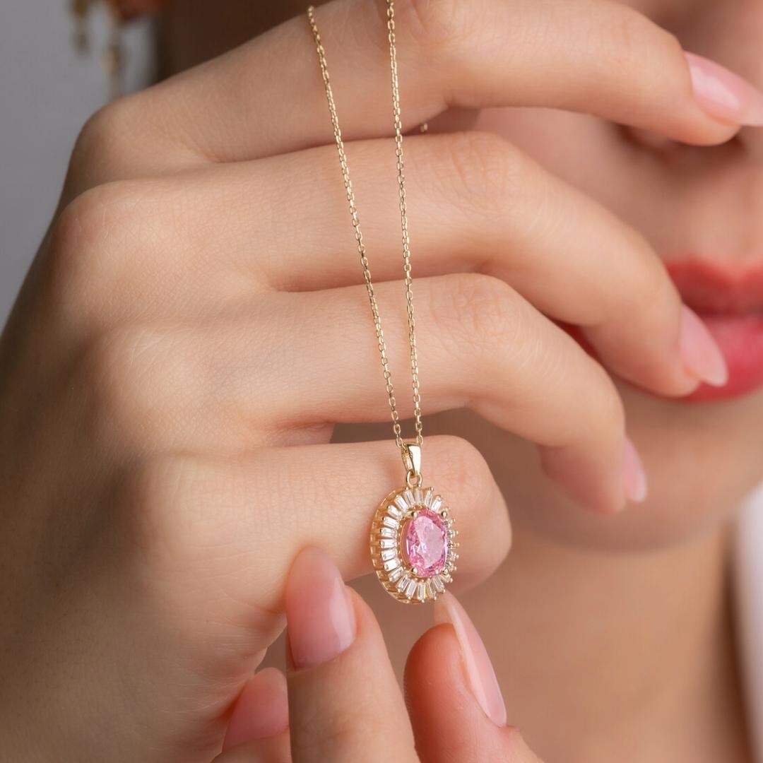 Oval Shaped Pink Tourmaline W/ Baguette Necklace-cz Ovale Shaped ...