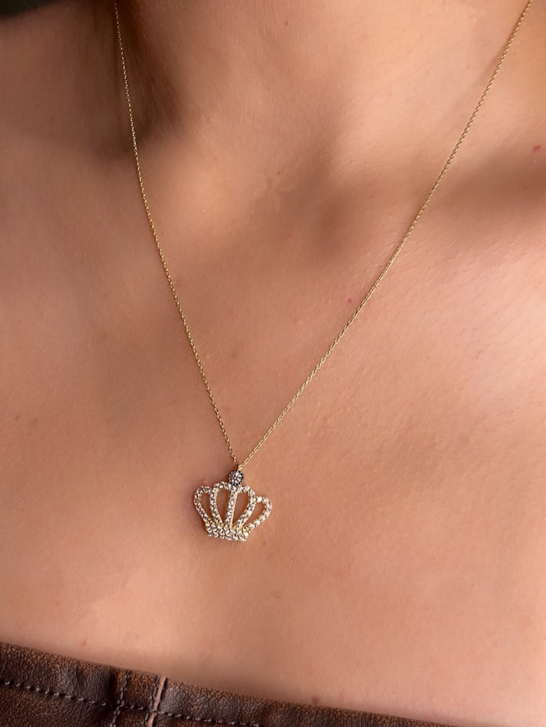 14K Gold Crown Necklace W/ Cz - Charming Crown Necklace for Women ...