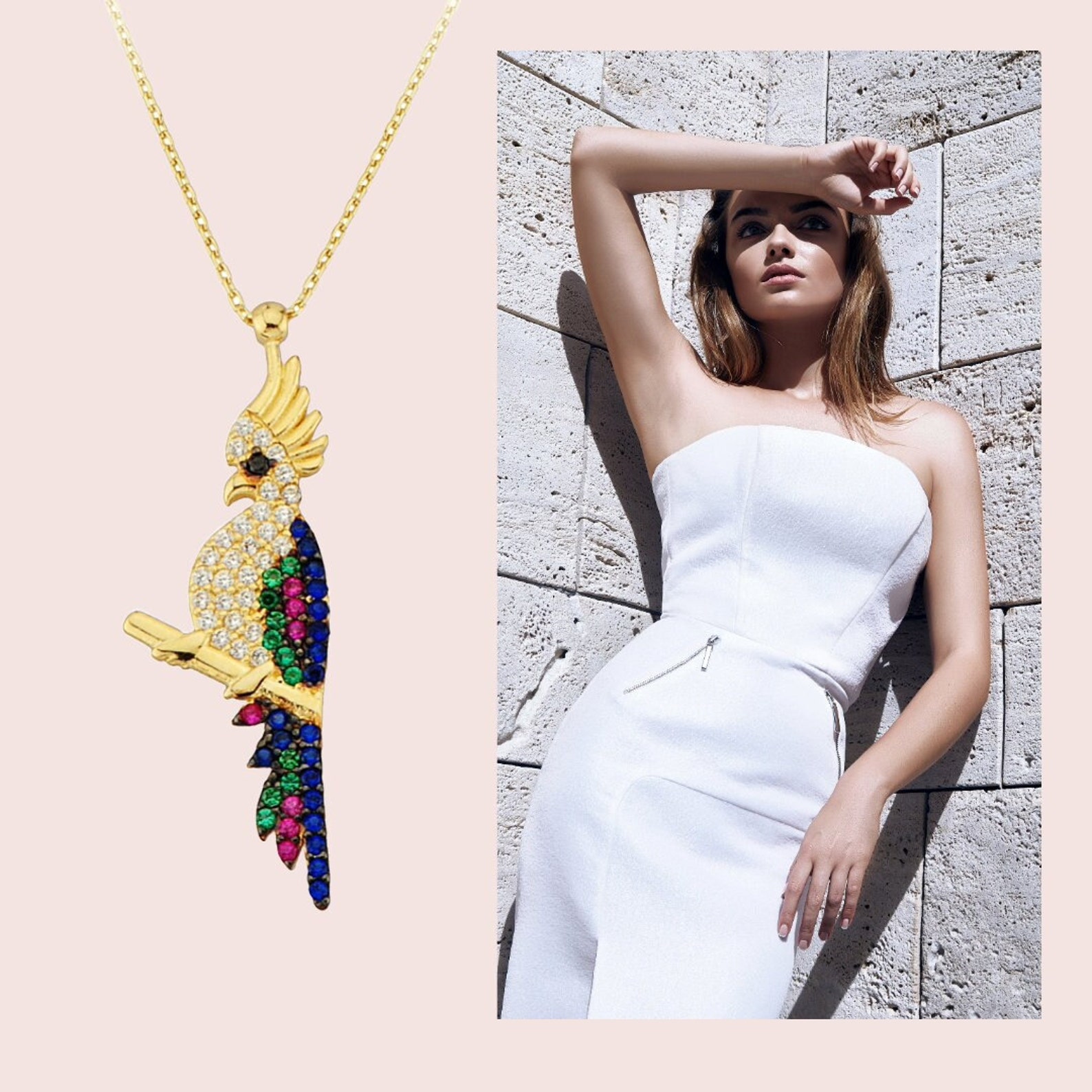 Multi-gemstone Parakeet Pendant 14K Gold Bird Necklace W/birthstone ...