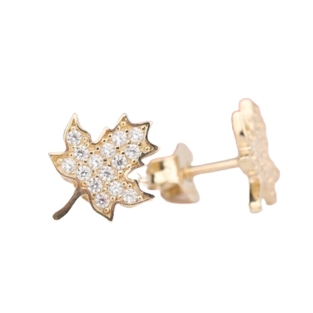 14K Gold Maple Leaf Stud Earrings-cz Canadian Maple Stud Earrings- Floral Maple Leaves Stud ...