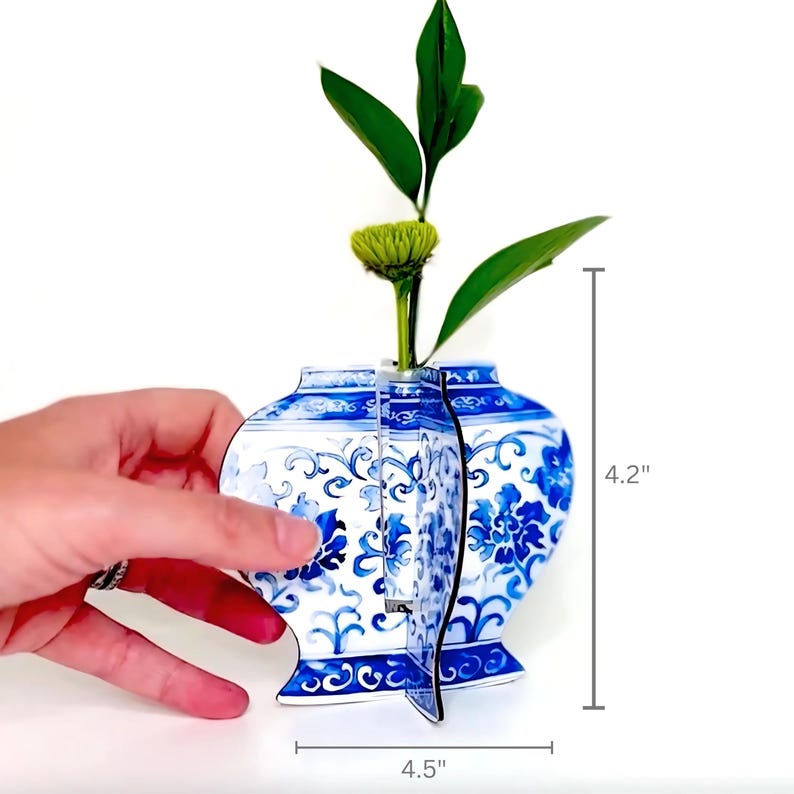 Blue and White Chinoiserie Bud Vase – Elegant Flat-pack Flower Vase – Spring Party Favor or Name ...
