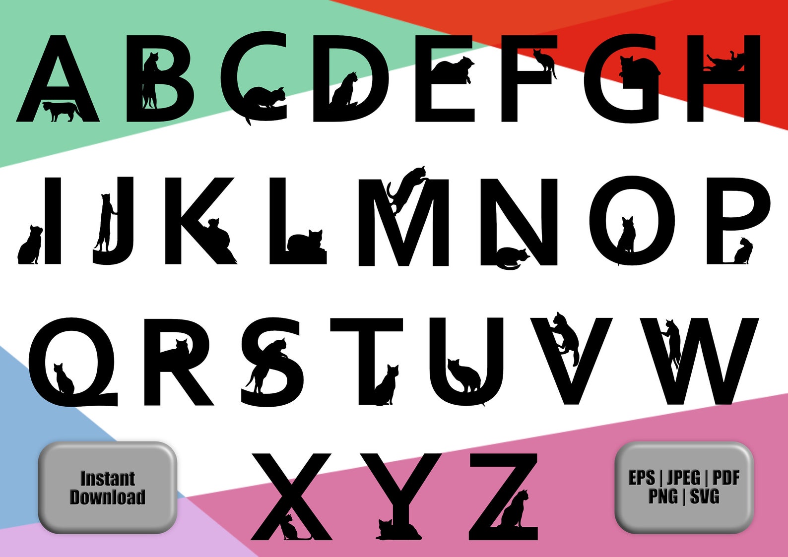 Cat Alphabet: Silhouette Designs With 26 Characters in Png, Jpeg, Pdf ...