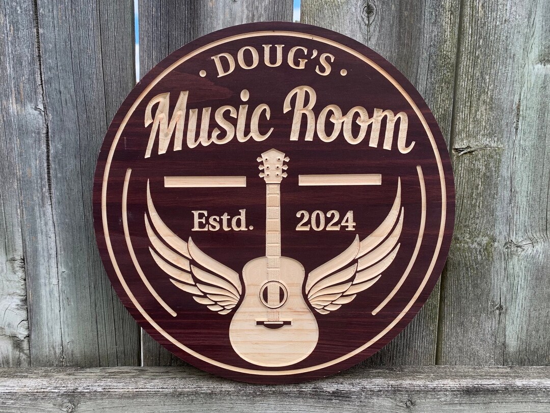 Custom Wooden Engraved Music Room Sign Rustic Wall Art Acoustic Guitar ...