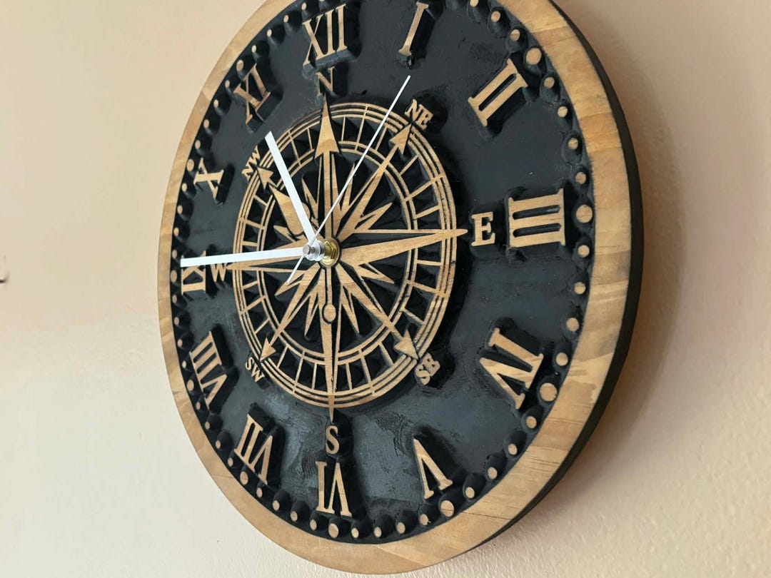Wood Roman Numerals Compass Wall Clock | 3D Wood Clock Logo | Large ...