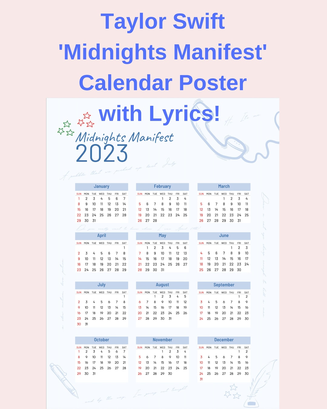 TS 2023 Calendar | Vertical One Page Poster Calendar | Midnights Lyrics ...