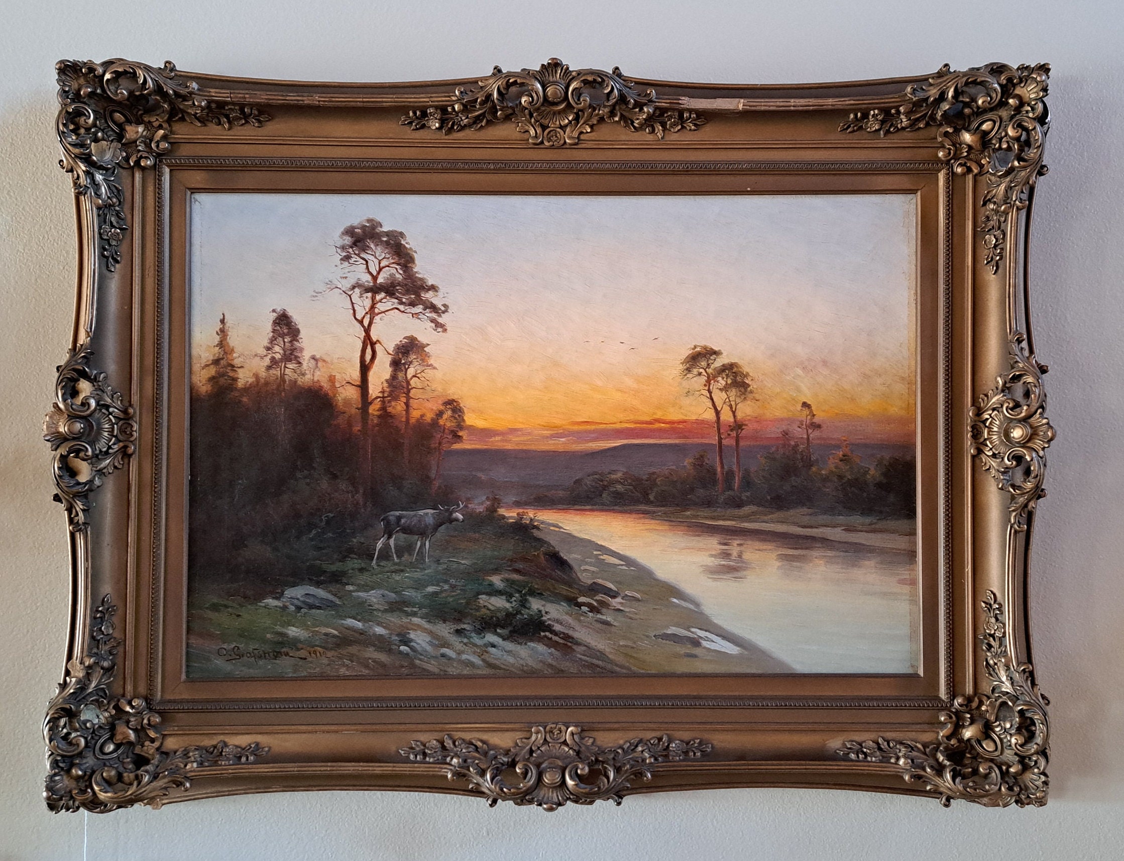 Antique Sunset Painting by Olaf Grafstrom - 1912 - Etsy
