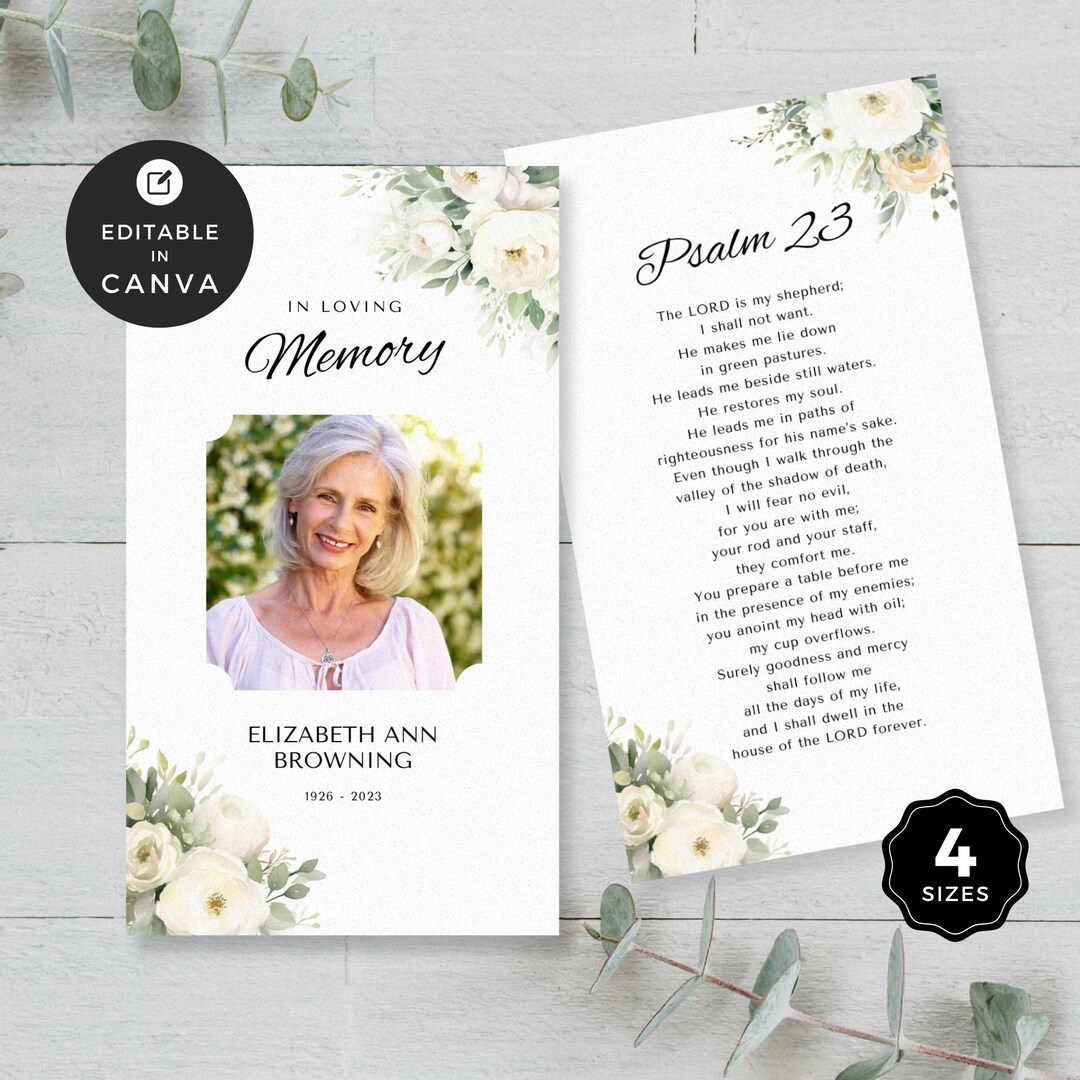 White Rose Memorial Prayer Card: Editable Photo Keepsake (canva ...