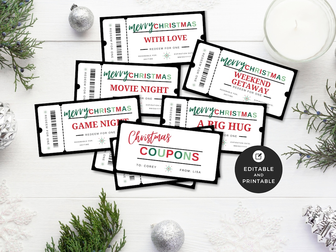 Printable Christmas Coupon Book Template, Editable Tickets for ...