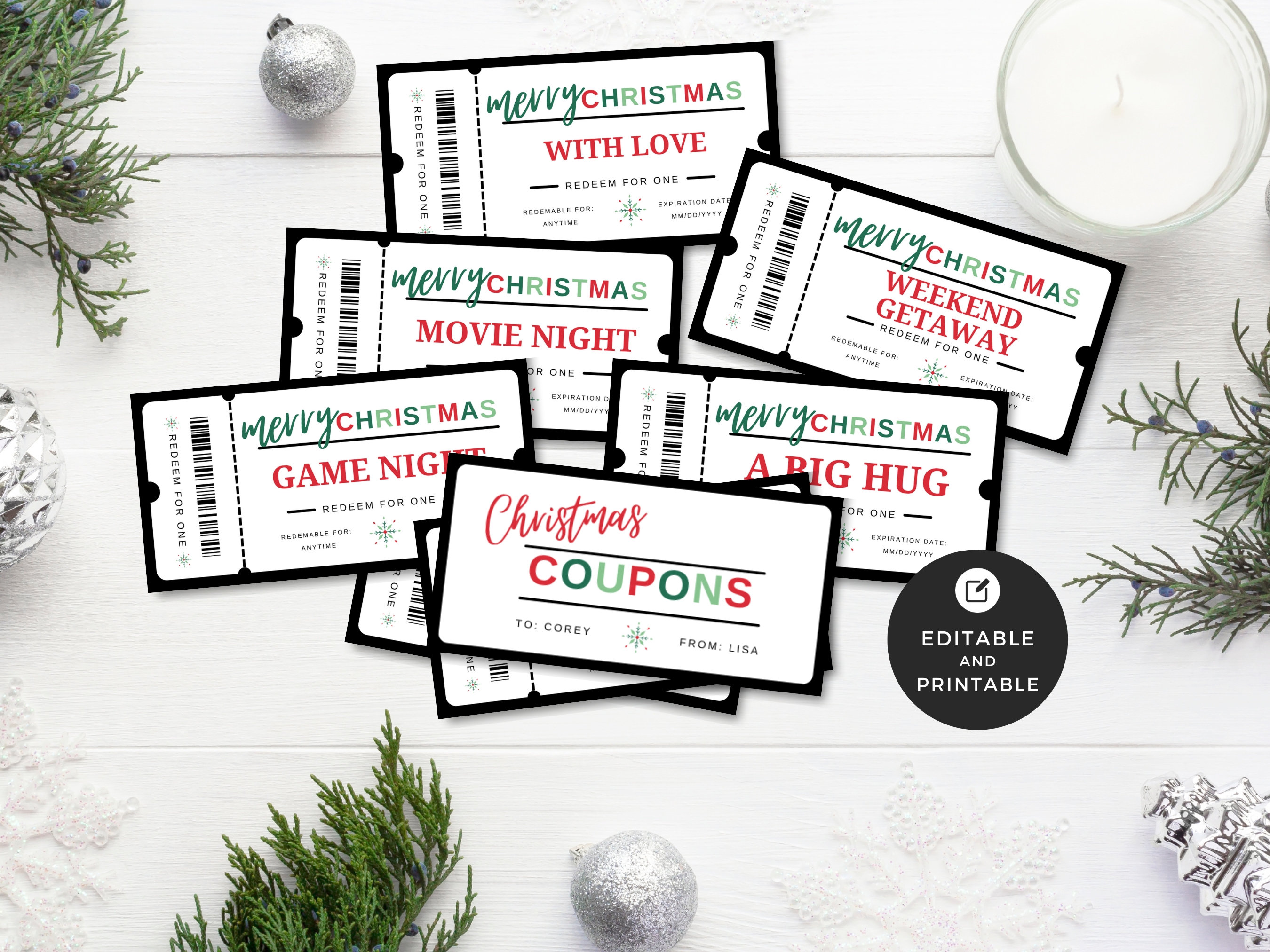 Printable Christmas Coupon Book Template, Editable Tickets for ...