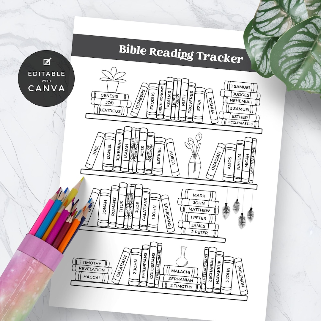 Bible Reading Tracker: Bookshelf Coloring Page (canva Template) - Etsy