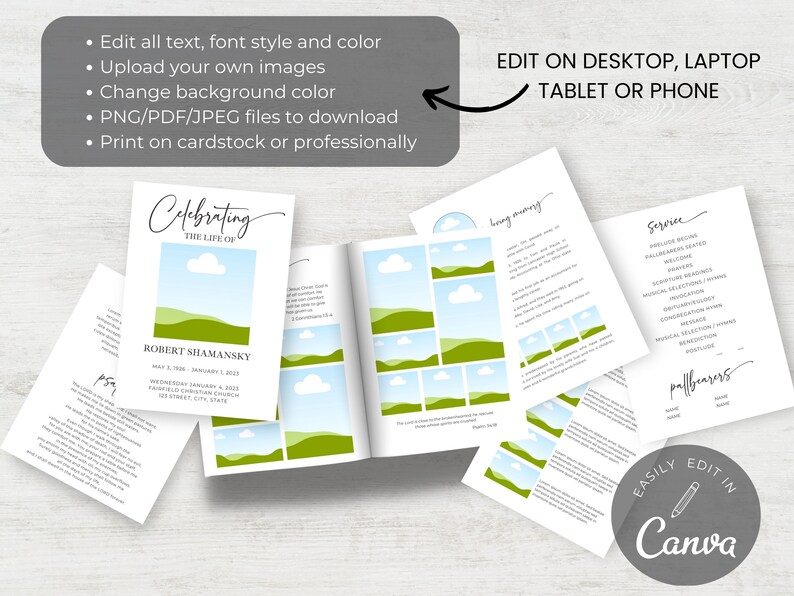 Canva Funeral Program Template 8 Page Editable Bi-fold Black - Etsy
