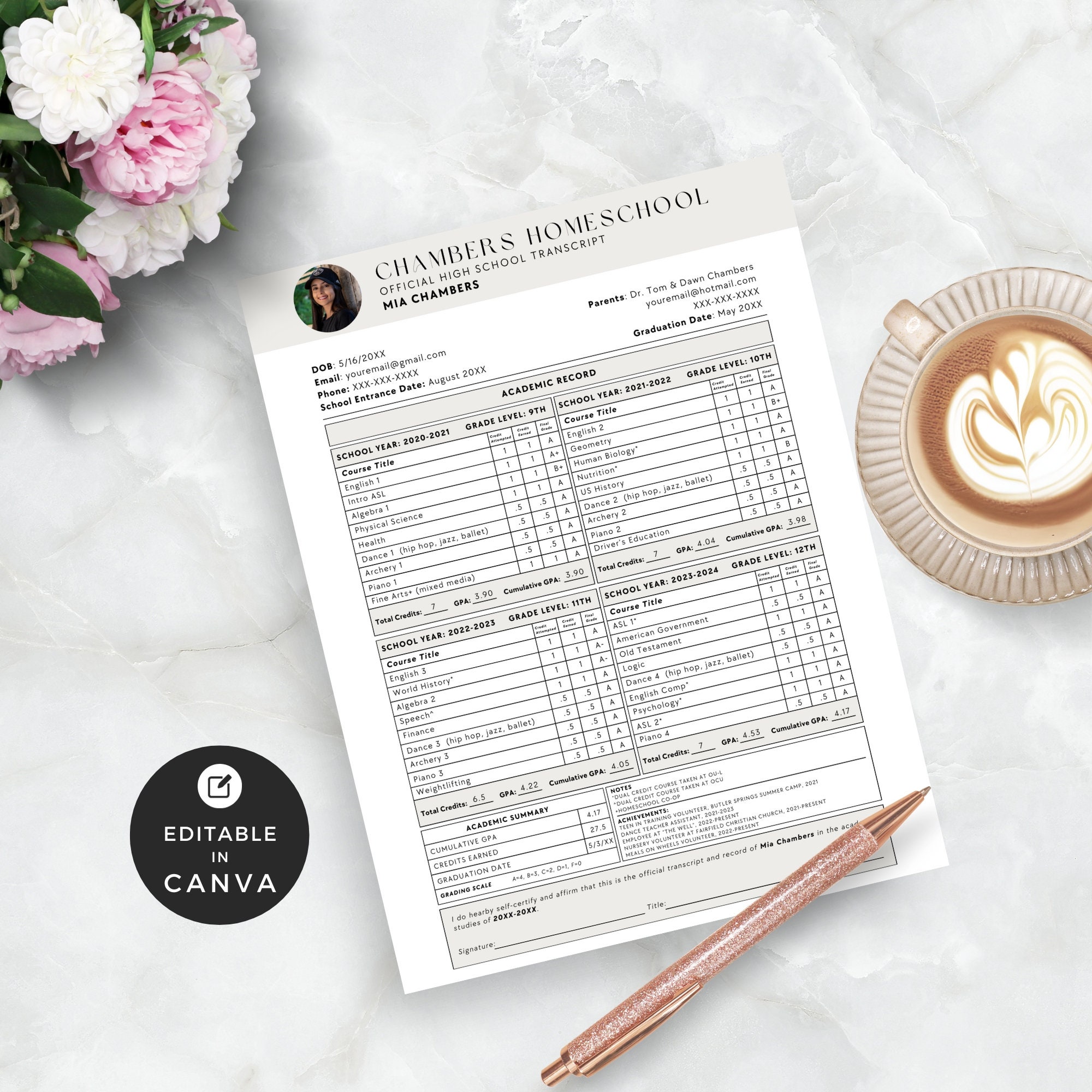 Fillable Printable High School Transcript Canva Template With Photo ...