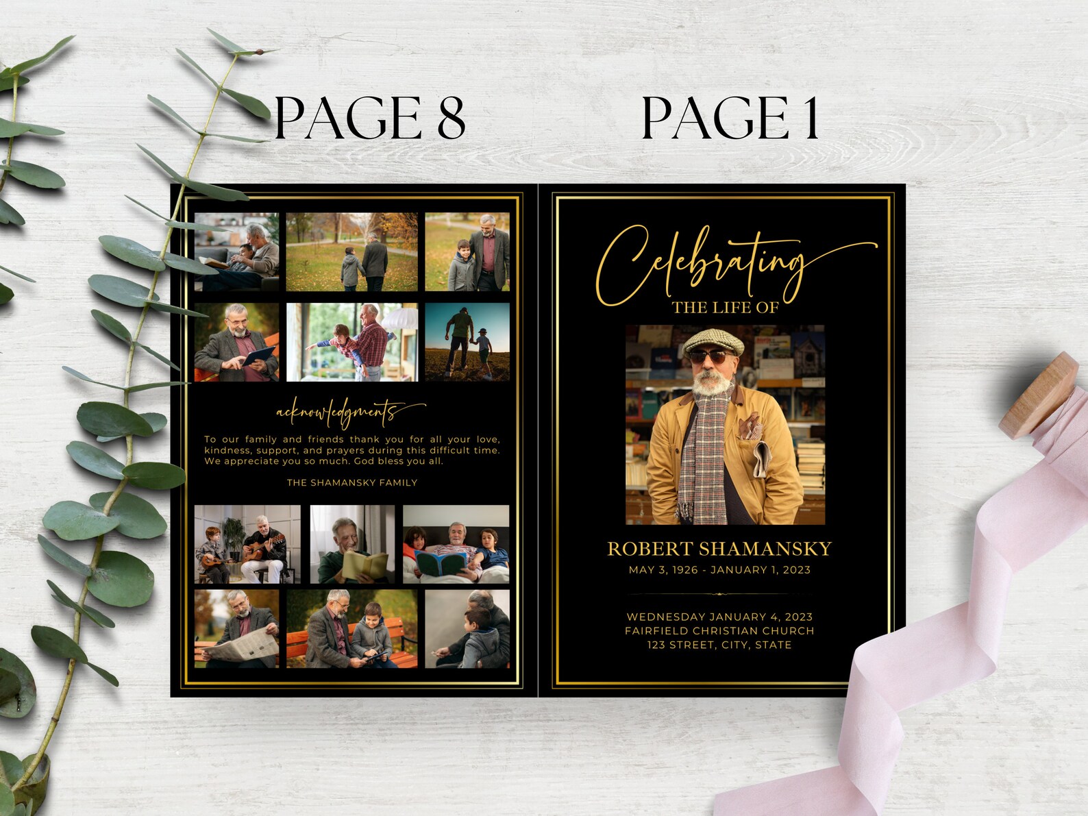 Canva Funeral Program Template 8 Page Editable Bi-fold Black - Etsy