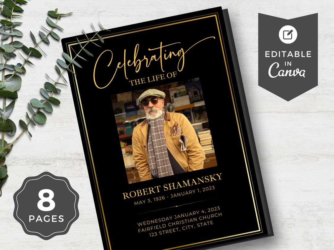 Canva Funeral Program Template 8 Page Editable Bi-fold Black - Etsy