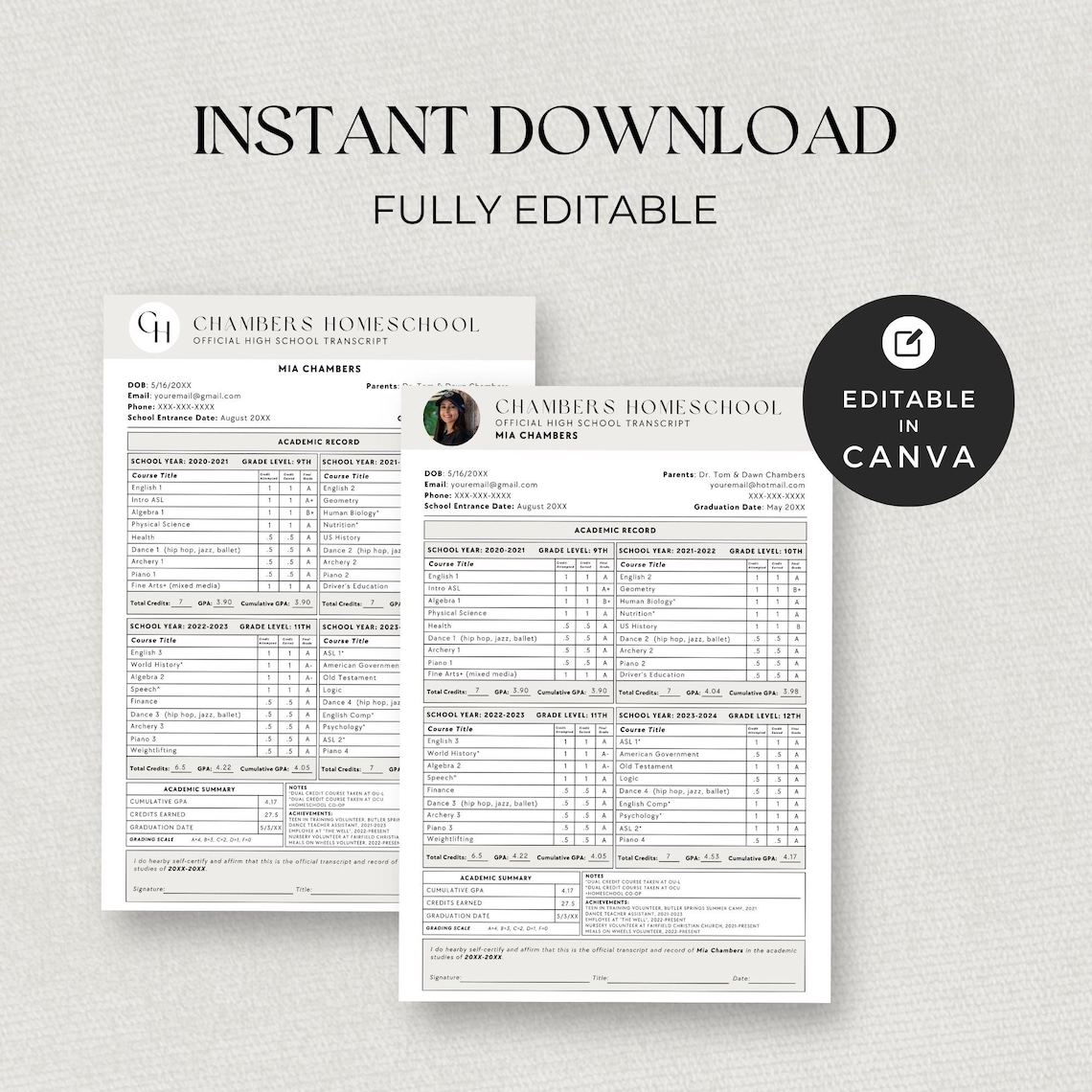 Fillable Printable High School Transcript Canva Template, Editable ...