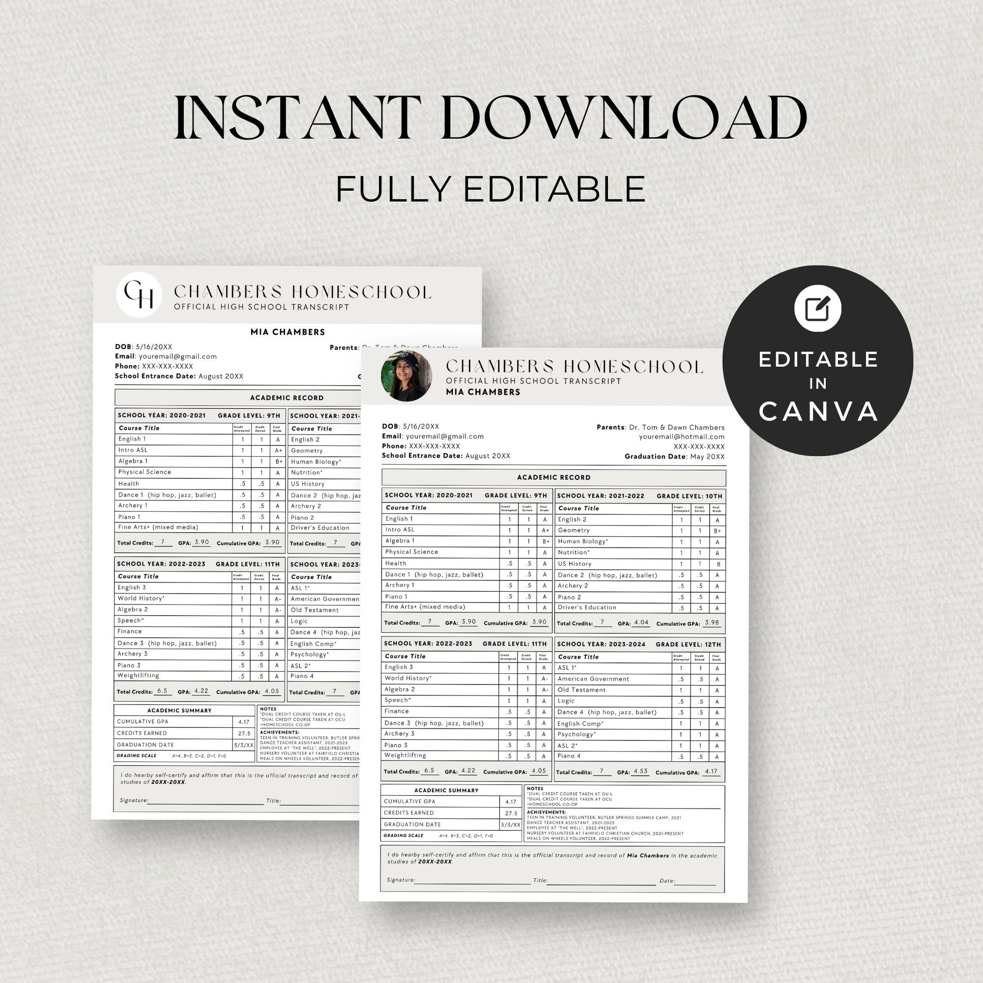 Fillable Printable High School Transcript Canva Template, Editable ...