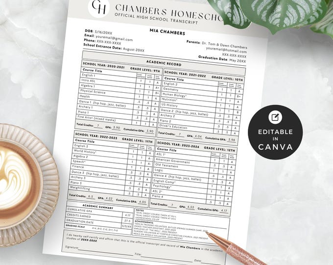 High School Transcript Homeschool Transcript Report Card Fillable ...