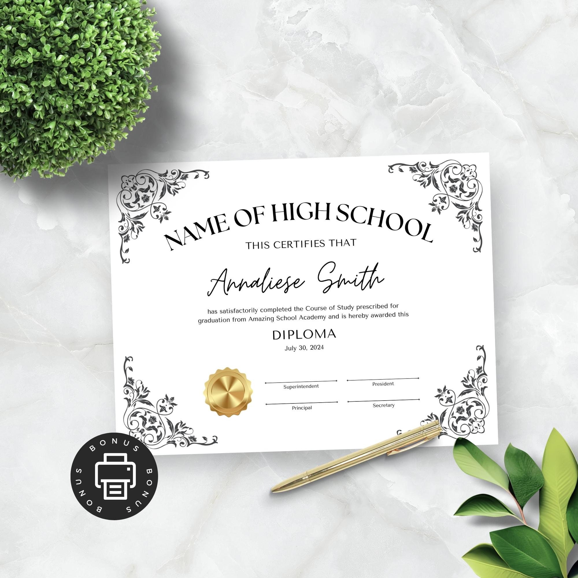 Fillable Printable High School Diploma Canva Template, Editable ...