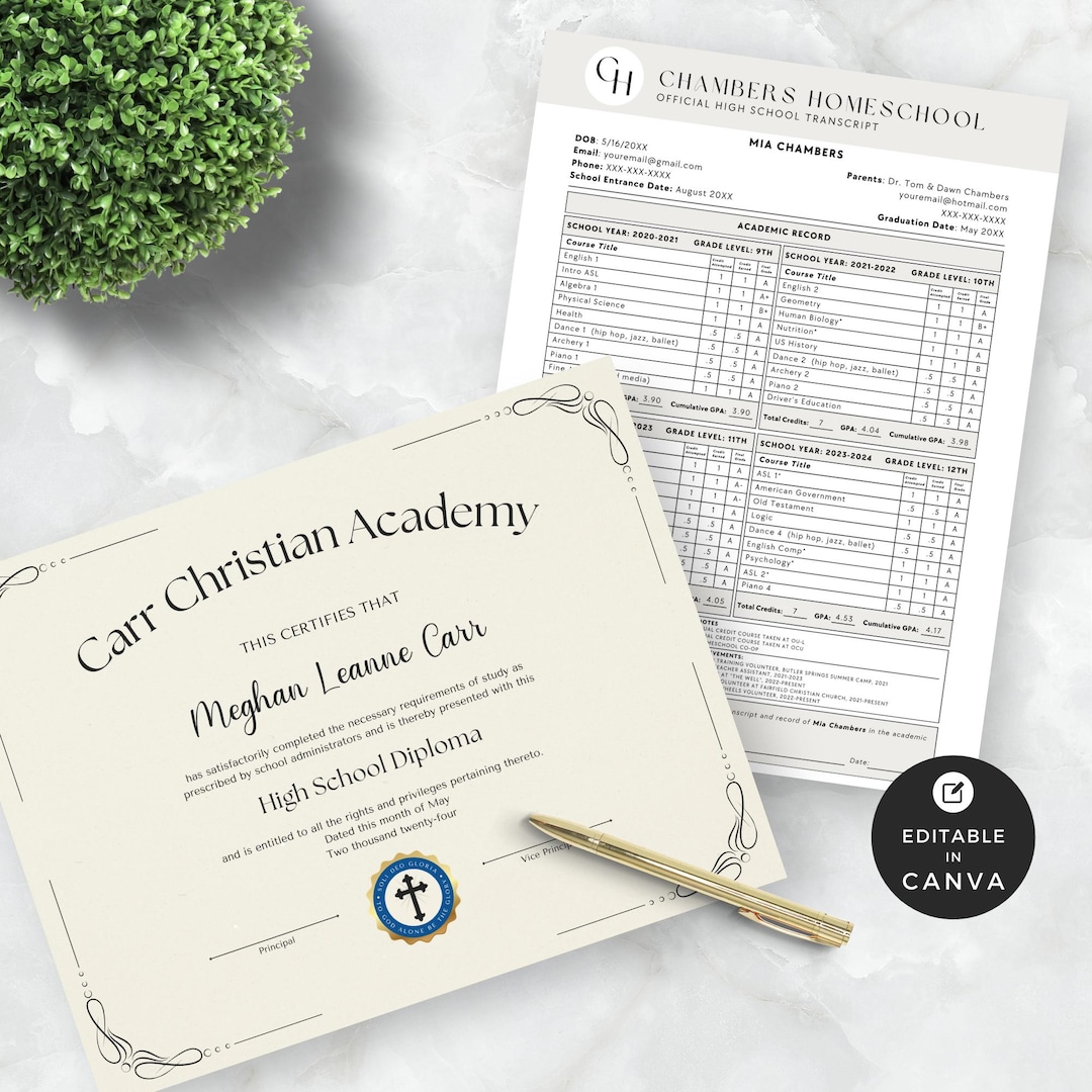 Homeschool Transcript & Christian Diploma Template: Editable Academic ...