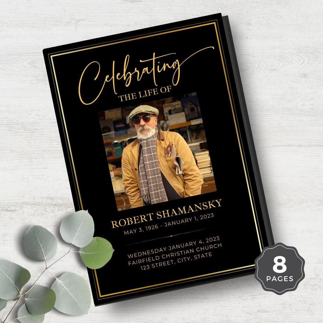 Canva Funeral Program Template 8 Page, Editable Bi-fold Black & Gold ...