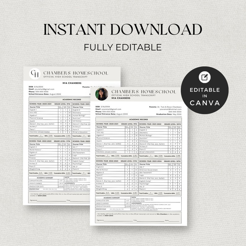 Canva Homeschool Transcript and Diploma Template, Editable Homeschool ...