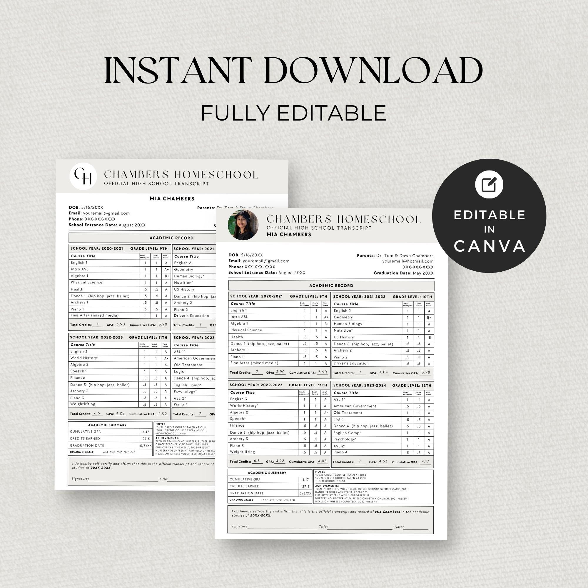 Canva Homeschool Transcript and Diploma Template, Editable Homeschool ...
