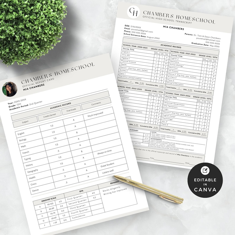 Homeschool Transcript and Report Card Template: Editable Canva Design ...