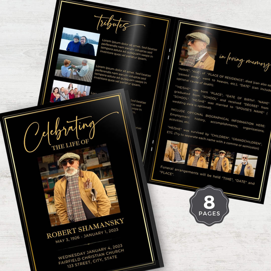 Canva Funeral Program Template 8 Page, Editable Bi-fold Black & Gold ...