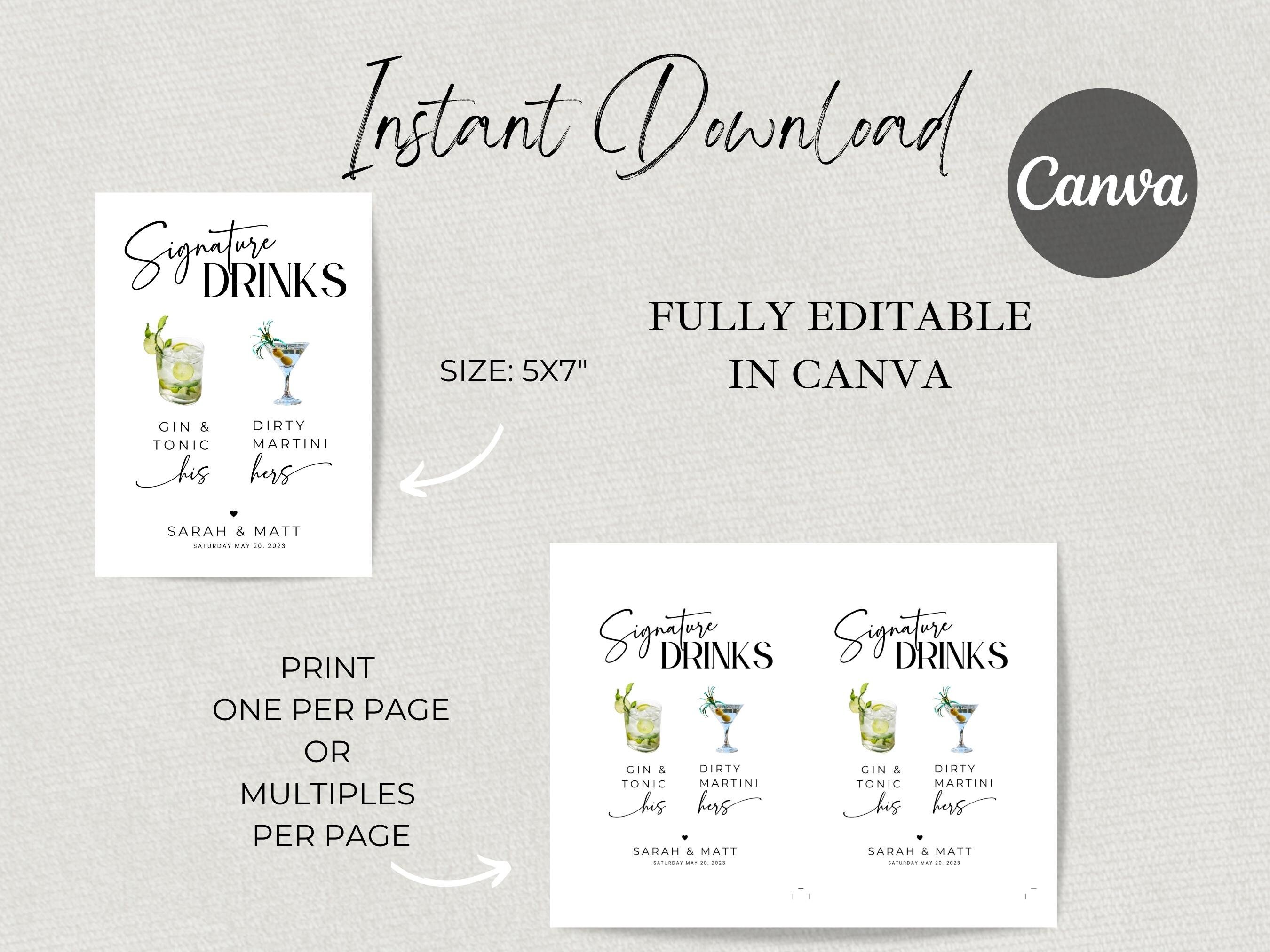 Modern Wedding Signature Drinks Canva Template Clean Editable - Etsy