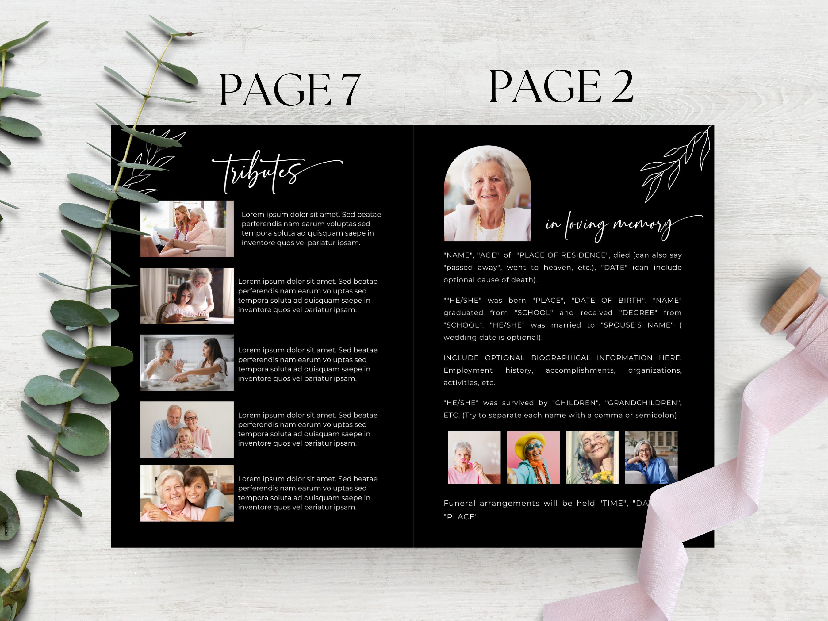 Canva Funeral Program Template 8 Page Editable Bi-fold Black - Etsy Canada