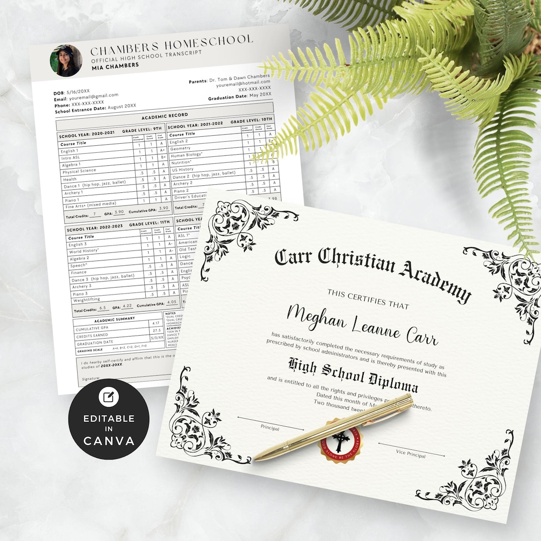 Editable Homeschool Transcript & Christian Diploma Template (canva) - Etsy