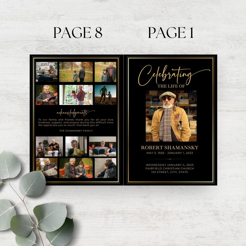 Canva Funeral Program Template 8 Page, Editable Bi-fold Black & Gold ...