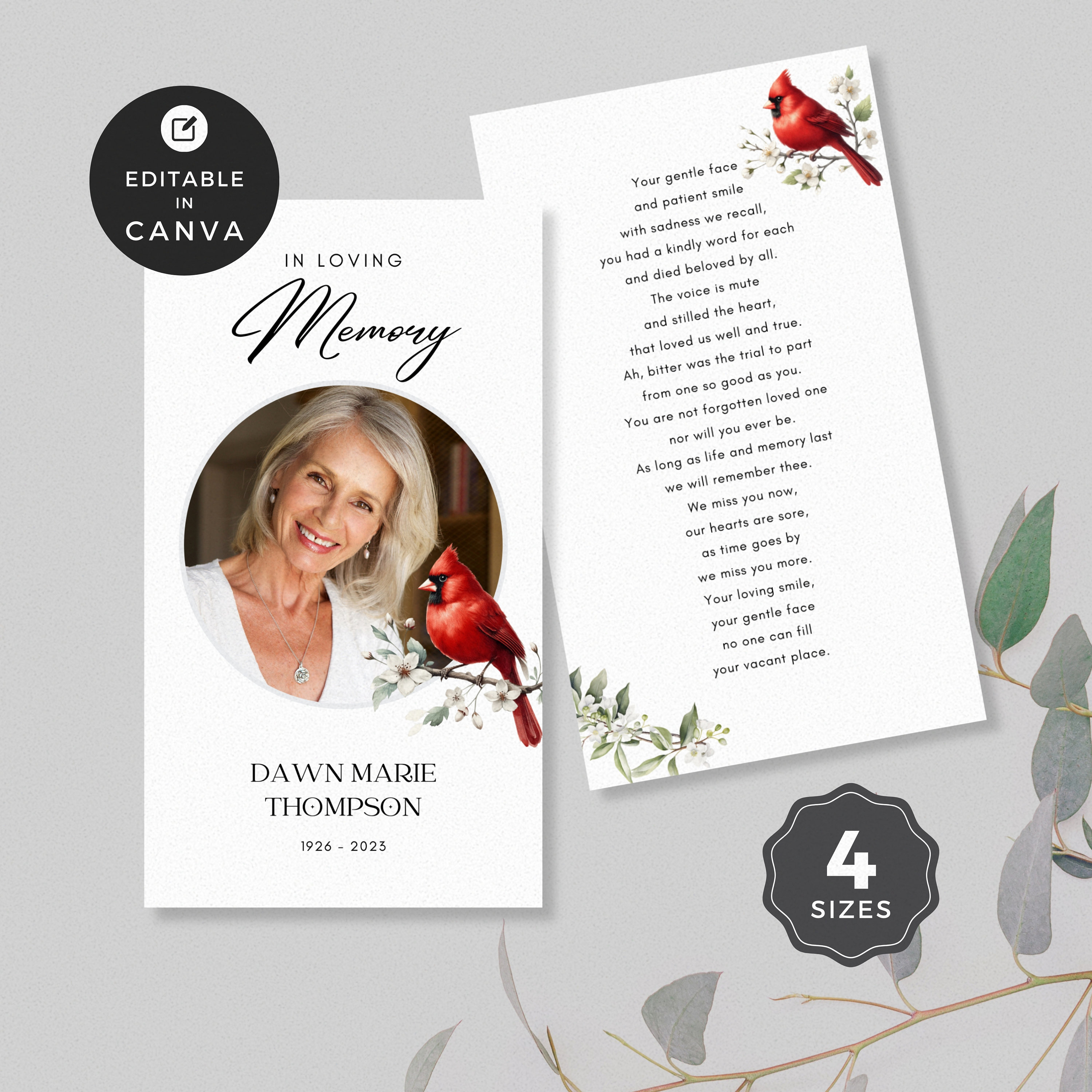 Cardinal Memorial Prayer Card: Editable Photo Keepsake (canva Template ...