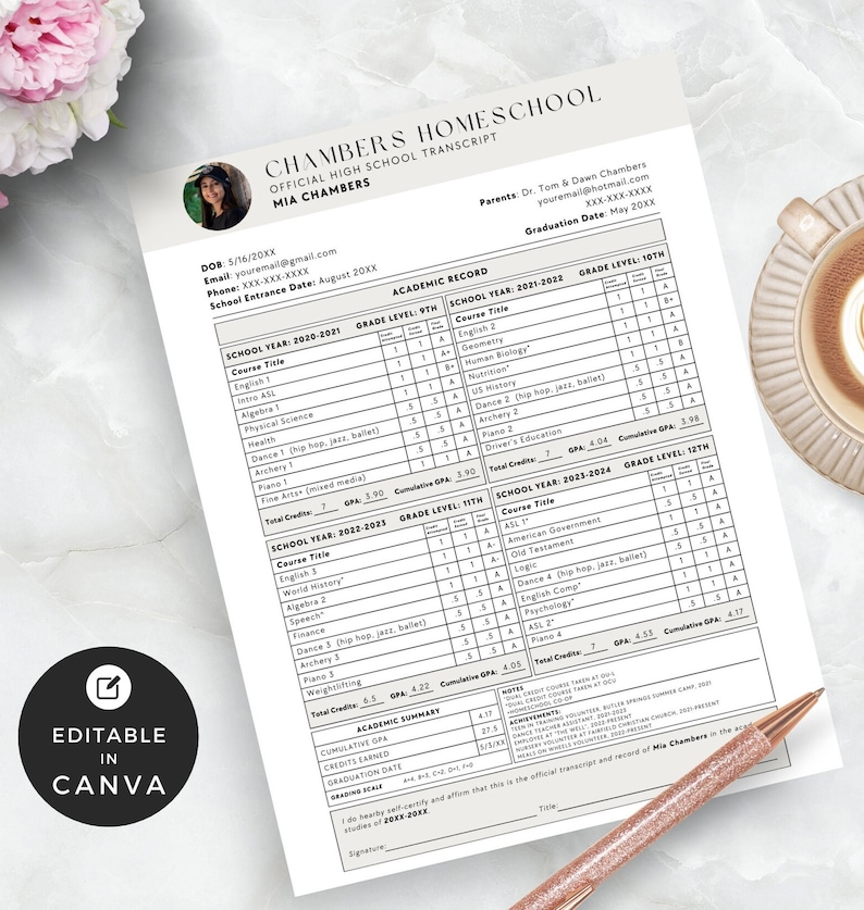 Fillable Printable High School Transcript Canva Template With Photo ...