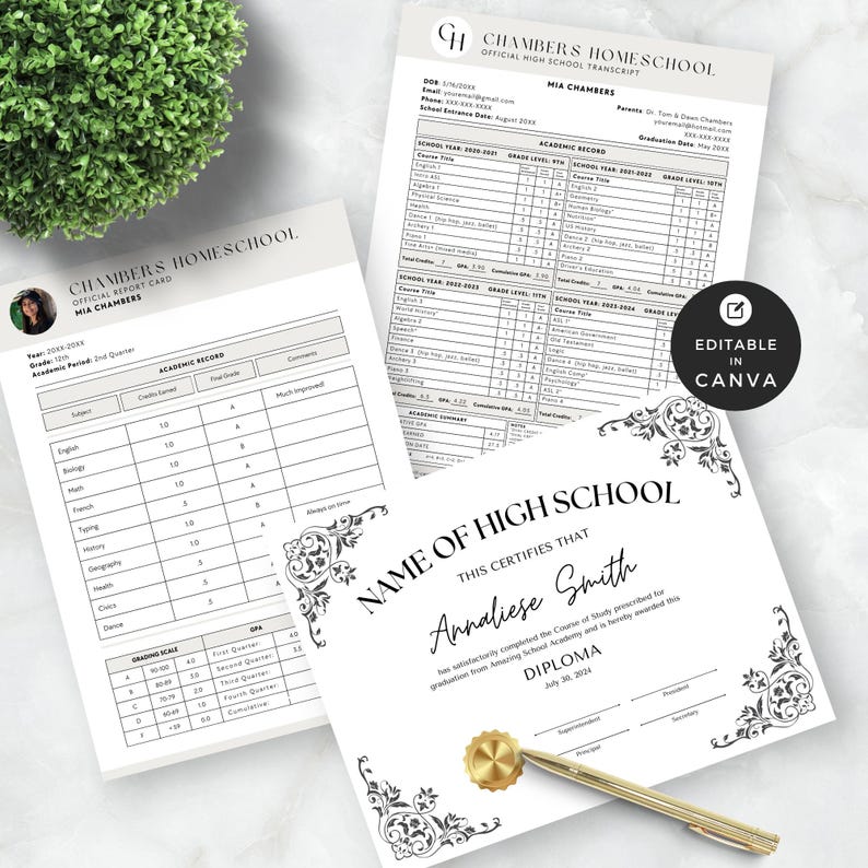 Editable Homeschool Transcript, Report Card & Diploma Canva Template ...