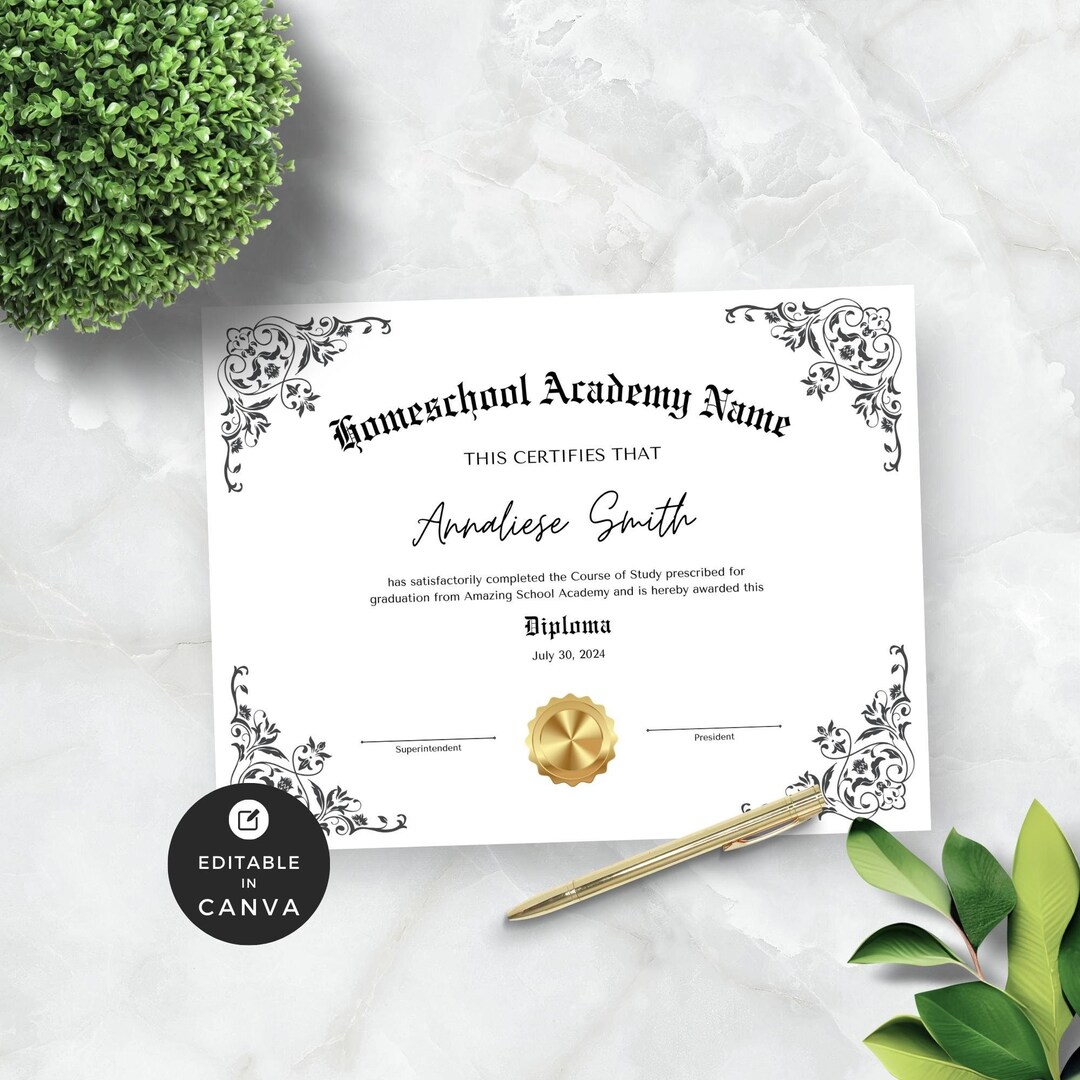 Editable Homeschool Diploma Template: Fillable Graduation Certificate ...