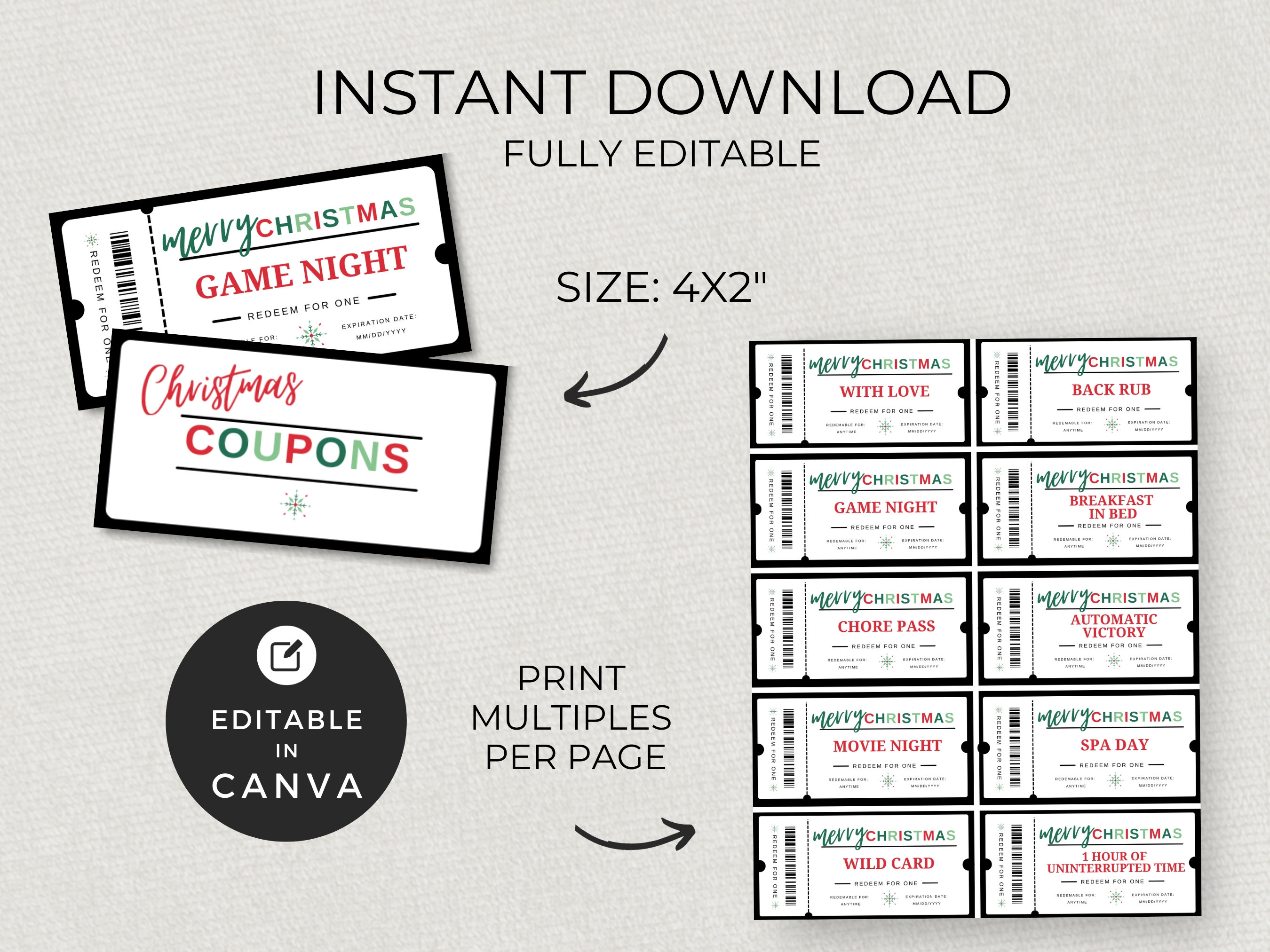 Printable Christmas Coupon Book Template, Editable Tickets for ...