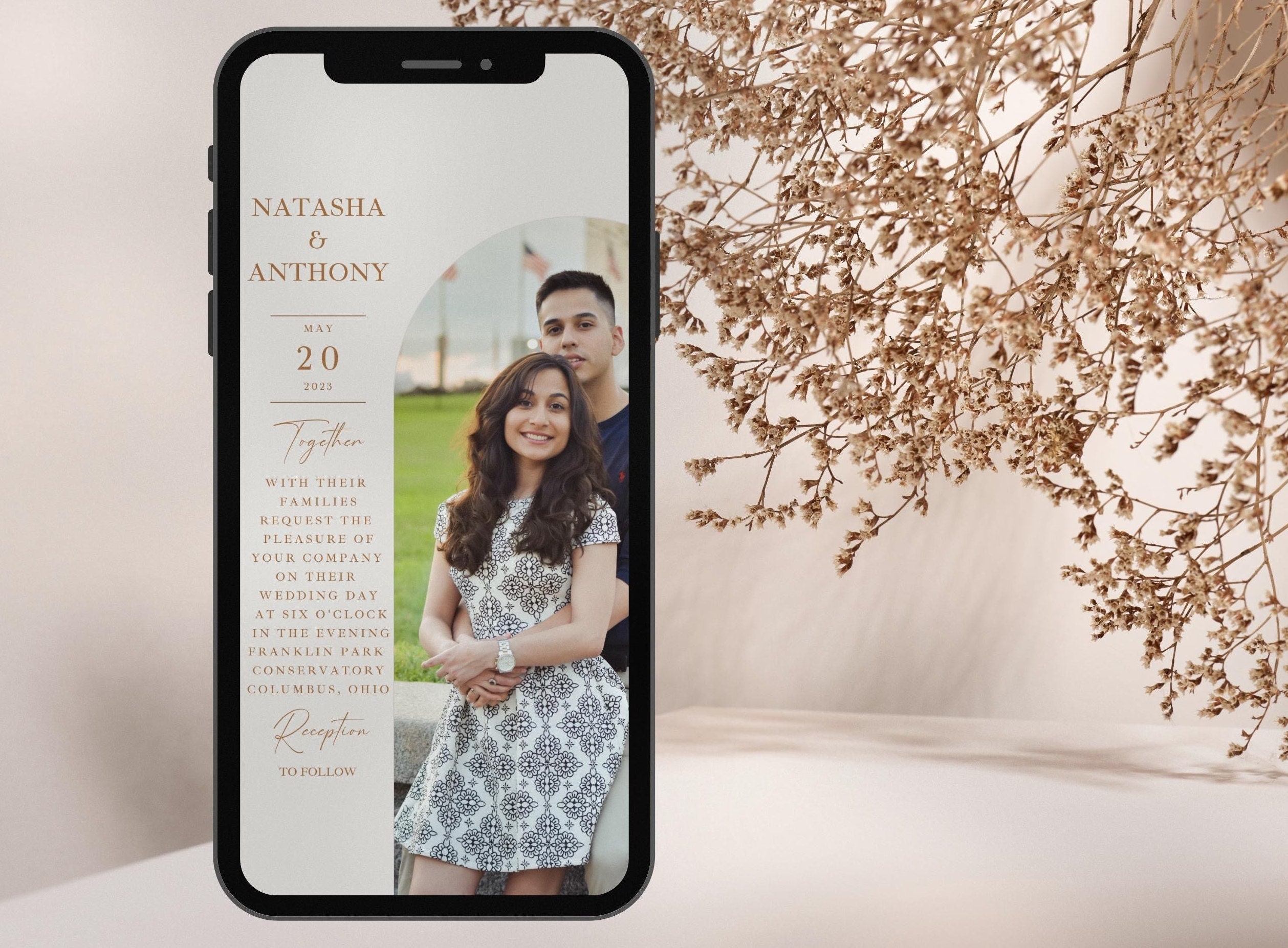 Terra Cotta Arch Digital Wedding Invitation Canva Template, SMS Electronic Invite, Simple Clean ...