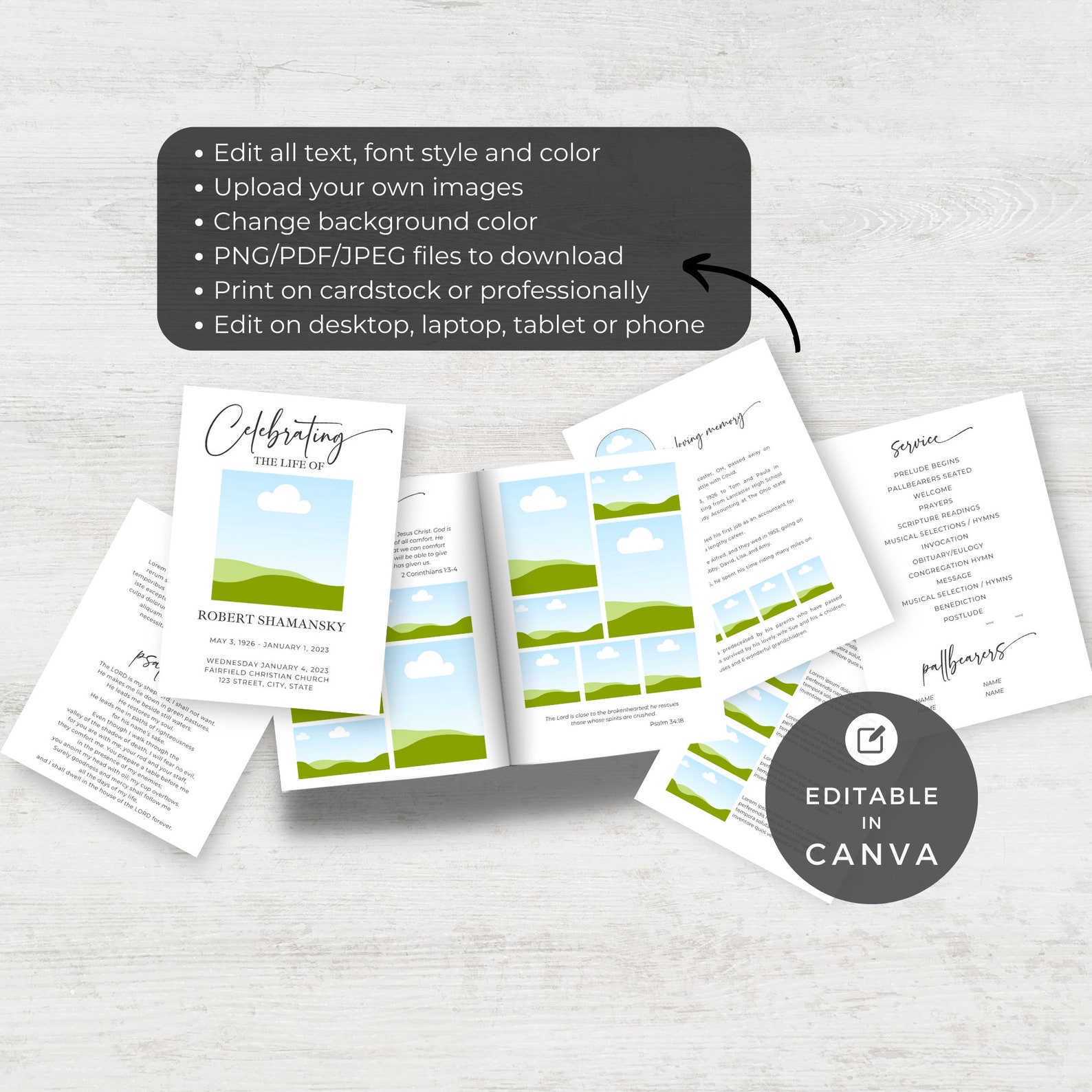 Canva Funeral Program Template 8 Page, Editable Bi-fold Obituary ...