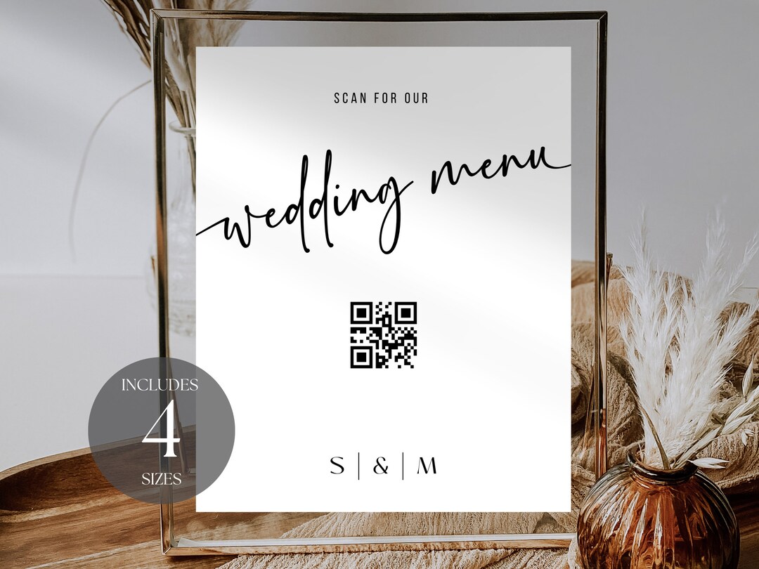 Wedding Signage Template for Canva, QR Code Menu Sign, Boho Clean ...
