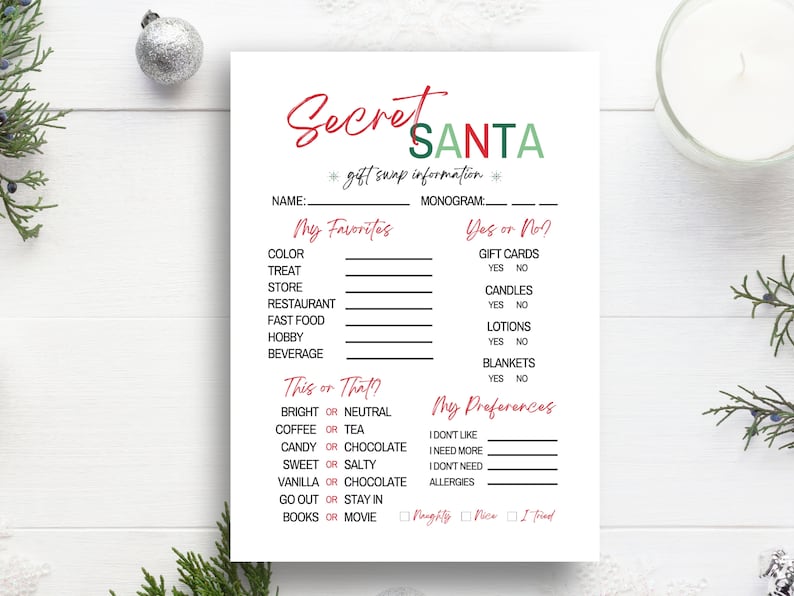 Printable Secret Santa Questionnaire for Christmas Gift Exchange Canva ...