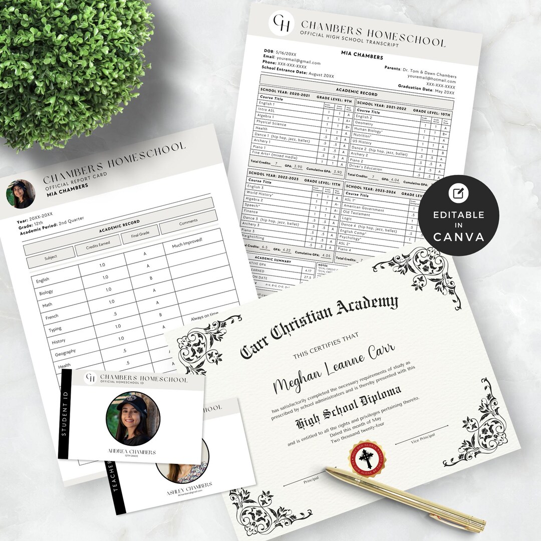 Homeschool Transcript, Report Card, Diploma & ID Card Canva Template - Etsy