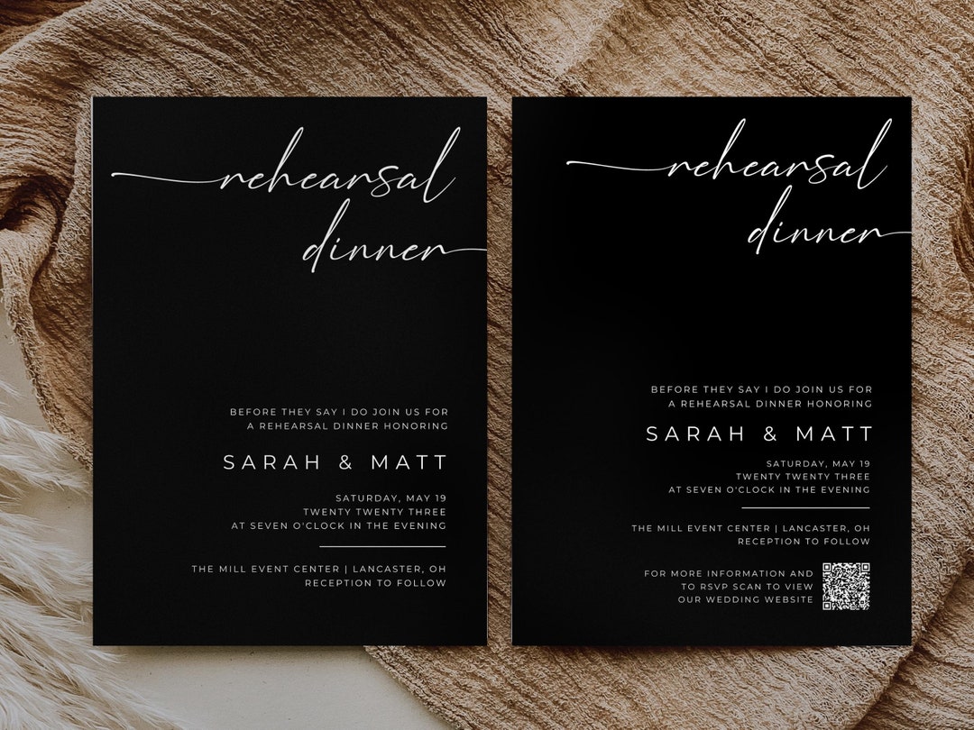 Black Minimalist Rehearsal Dinner Invitation Template With QR Code ...