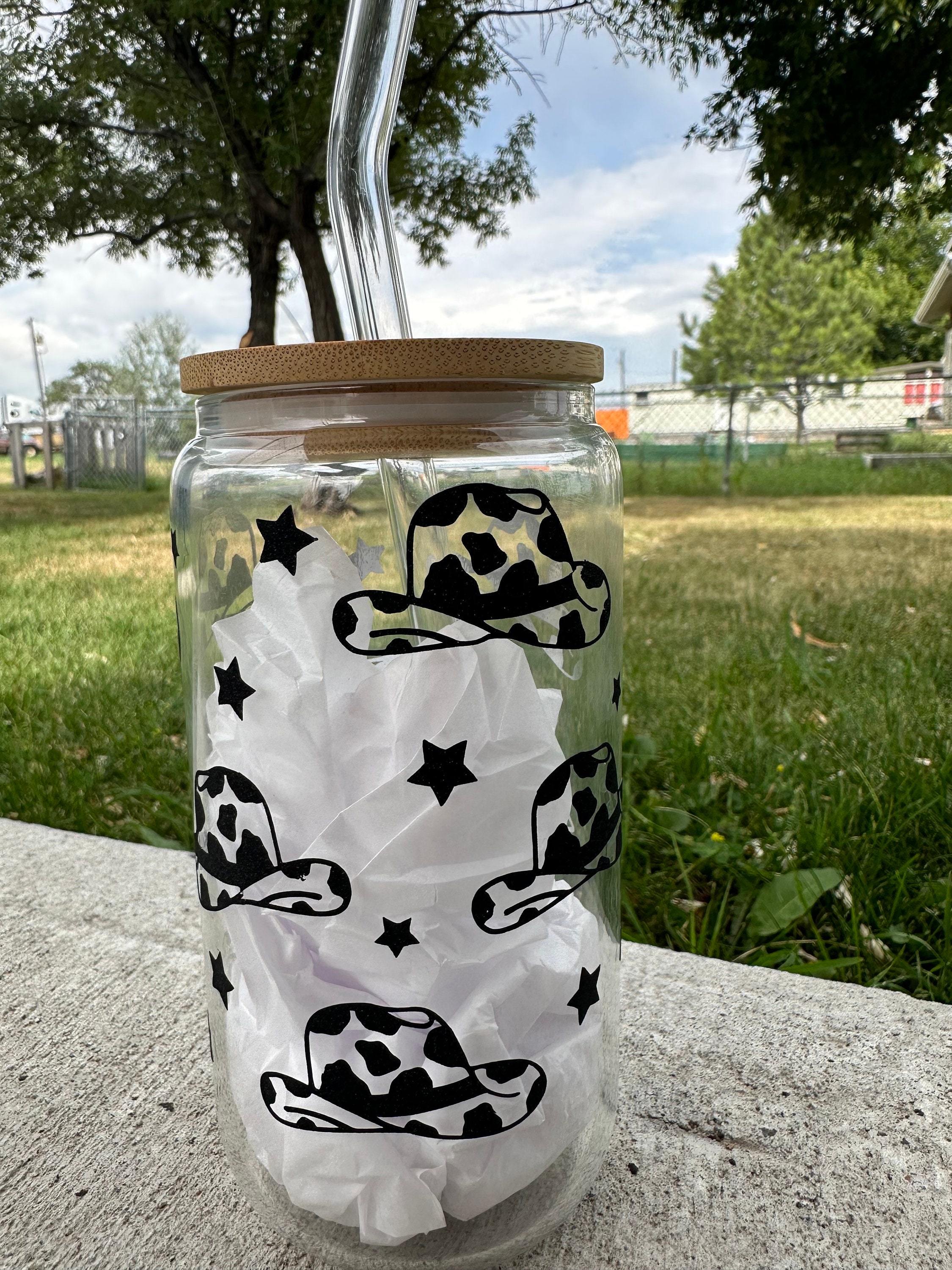 Cowboy Glass Libbey Cup, Cowprint Cowboy Hat Glass Can, 16 0z Glass Cup ...