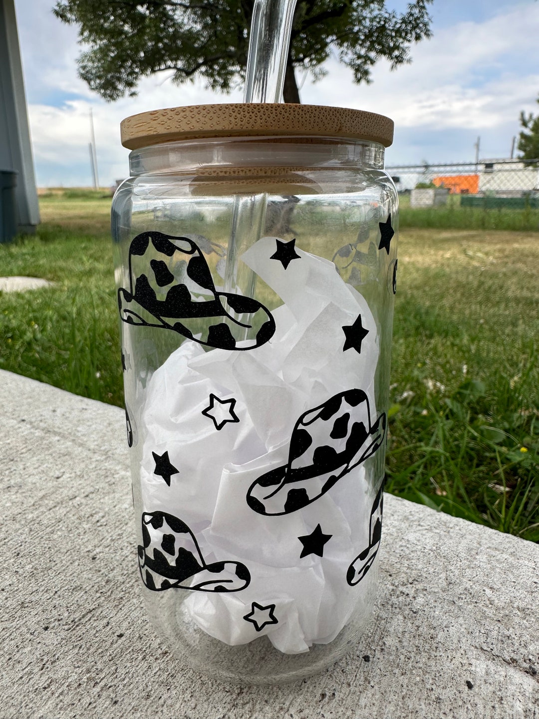 Cowboy Glass Libbey Cup, Cowprint Cowboy Hat Glass Can, 16 0z Glass Cup ...